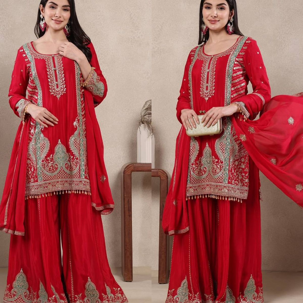Radiant Red Elegance: Embroidered Suit and Dupatta – Label Mayra